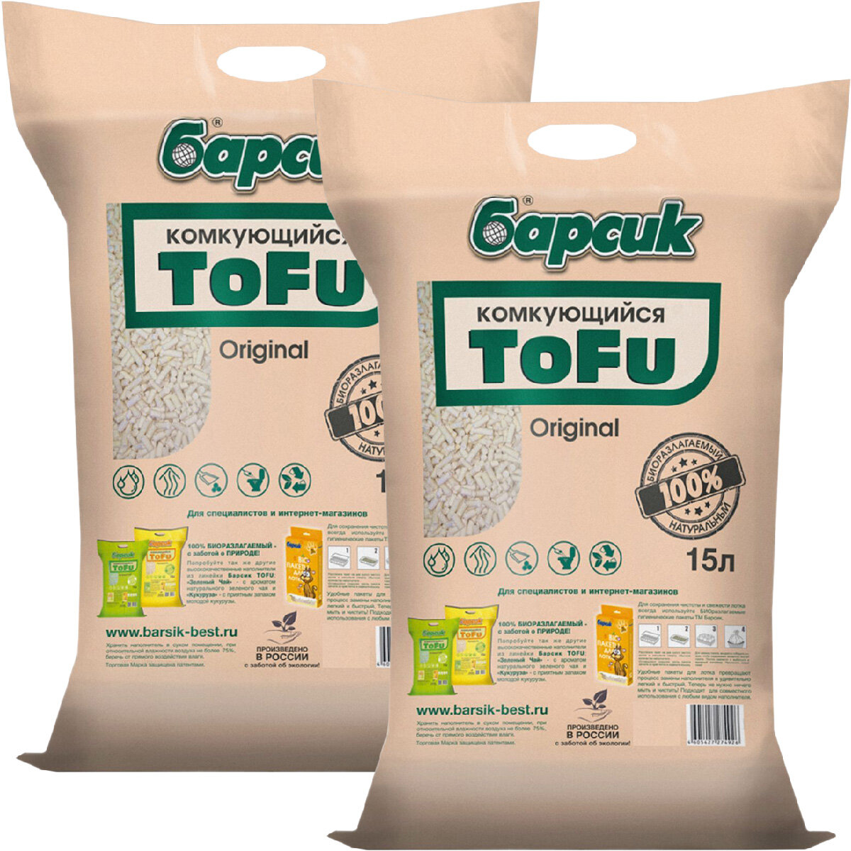 Барсик TOFU Original наполнитель комкующийся для туалета кошек 15 + 15 л