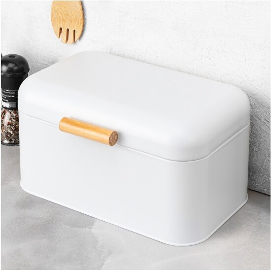 Хлебница Elan Gallery "Белая" 30,5*20,7*16,1 см с крышкой с деревянной ручкой, высота без крышки 12,5 см, металл