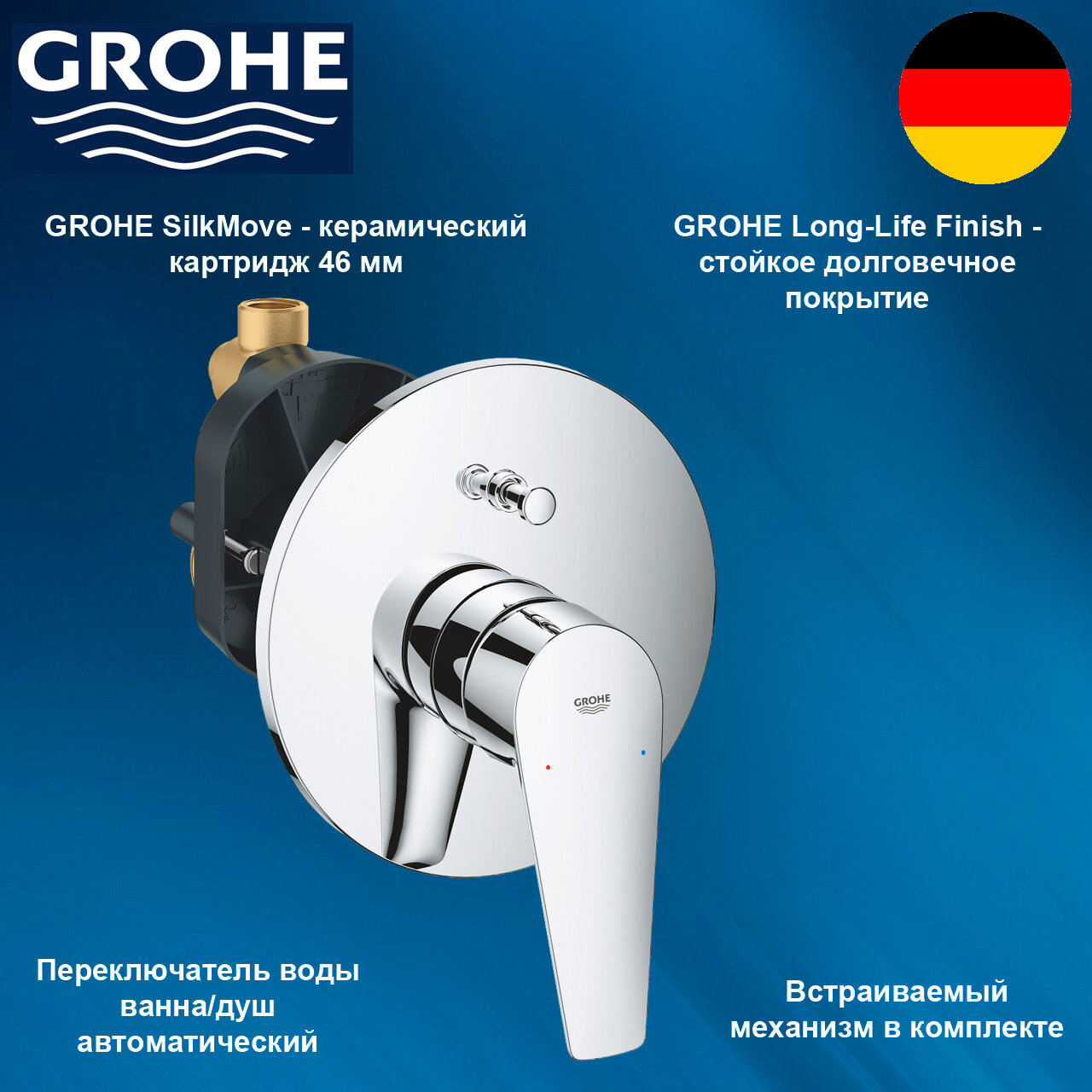 29079001 GROHE BauEdge New Смеситель для ванны встраиваемый без излива, цвет: хром