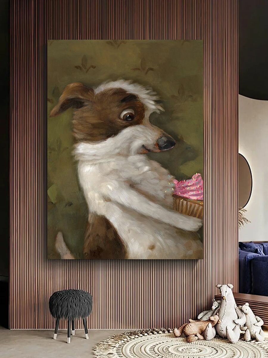 Картина милые песики, собачка с пироженым, 20х30 см.