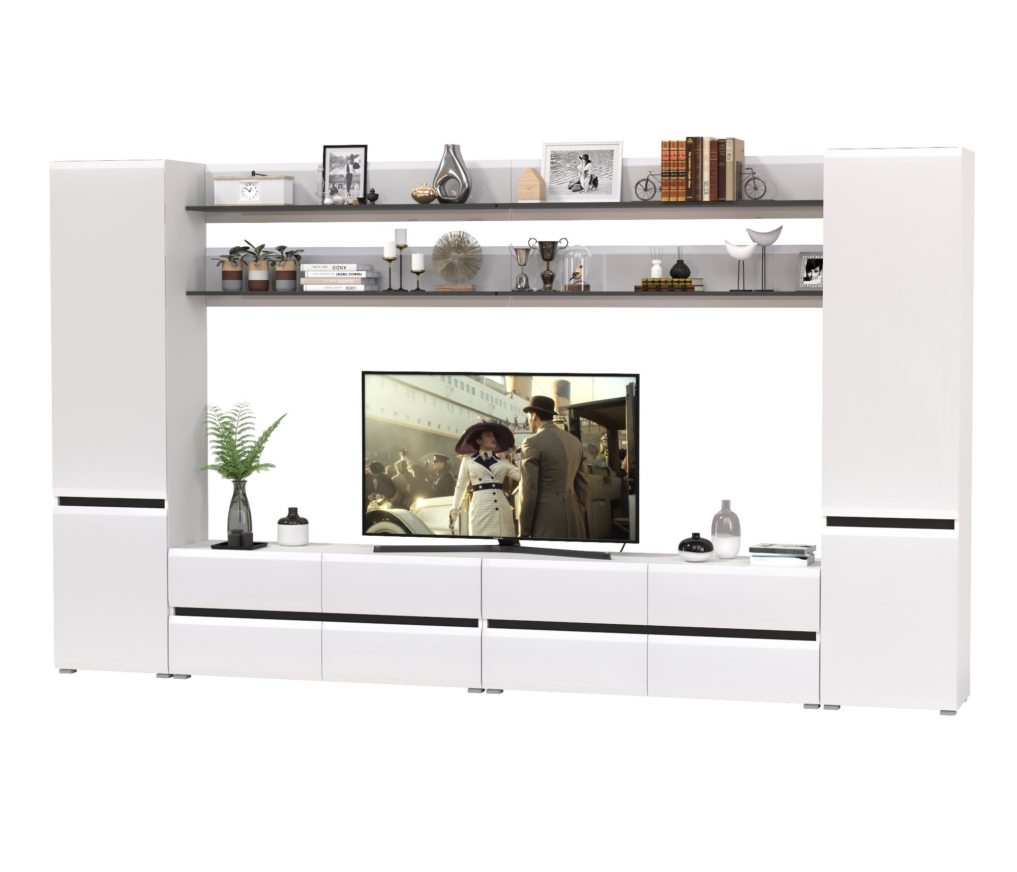 Мебель в гостиную модульная Моби Сидней № 121, цвет белый/чёрный/МДФ белый глянец, 359,8х41,3х205,2 см.