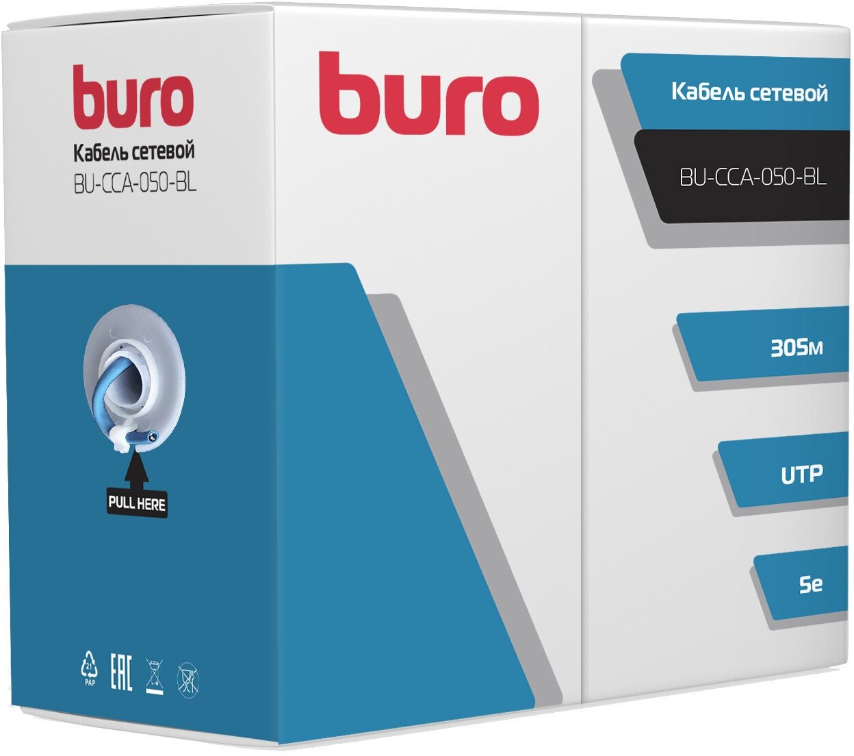 Кабель сетевой Buro BU-CCA-050-BL UTP 4 пары cat5E solid 0.50мм CCA 305м синий (упак:1шт)