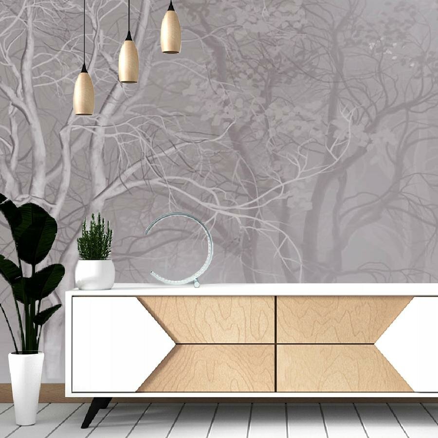 Фотообои Черно-белые деревья в тумане 13-361-S-Холст 270 x 200 см (ВхШ) Бесшовные, флизелиновые, влагостойкие обои MasterFresok