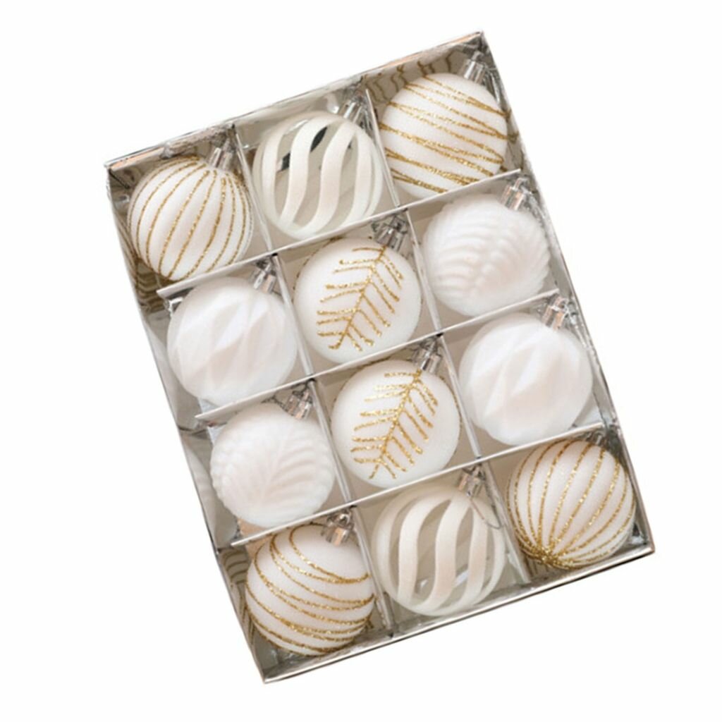 Праздничное оформление, Велюровые раскрашенные шары для украшения елки - белые, перфорированные, 1 коробка 12 штук