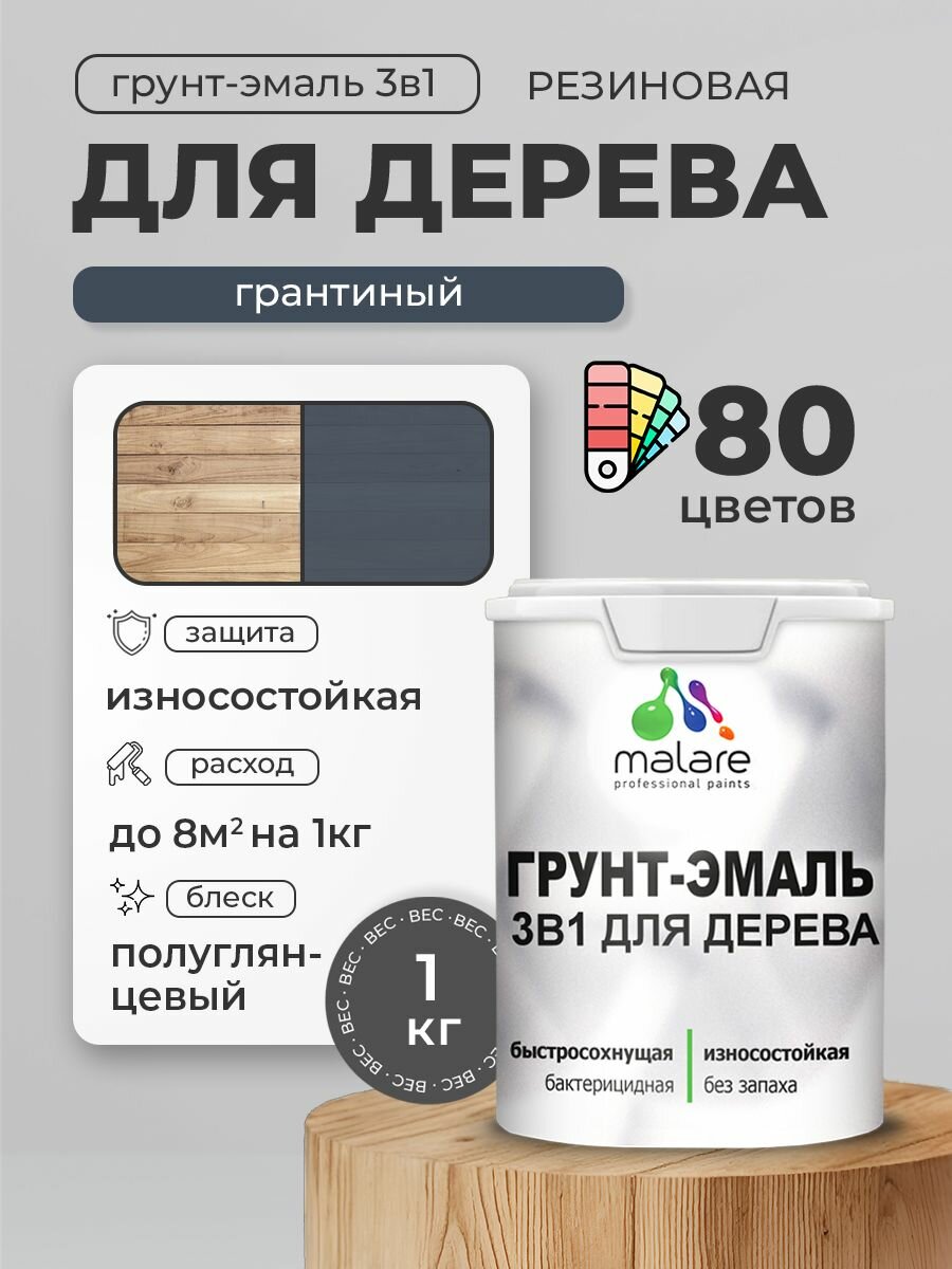 Резиновая Грунт-Эмаль 3 в 1 Malare для деревянных поверхностей/ краска по дереву с антисептическим эффектом/ быстросохнущая моющаяся без запаха полуглянцевая, гранитный, 1 кг