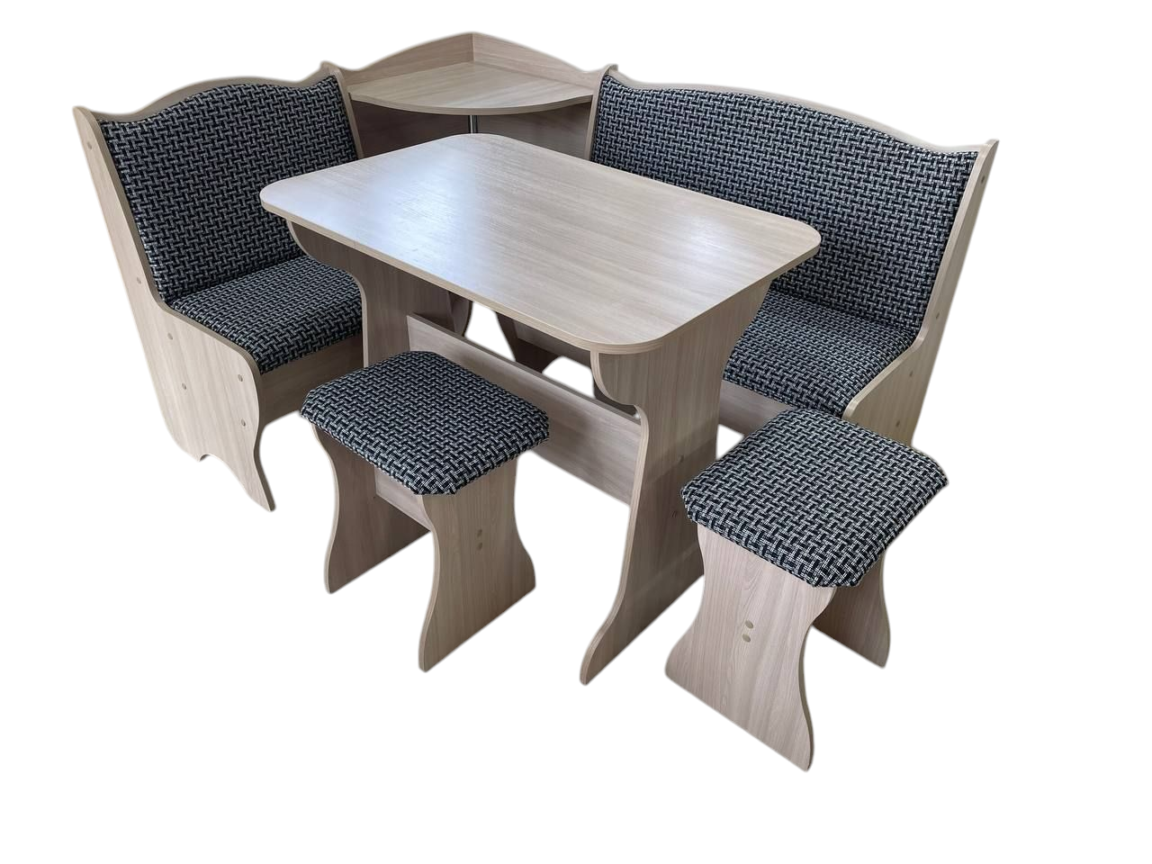 Кухонный уголок набор Стиль-2П с прямоугольным столом и табуретами, размер 111/146, ясень шимо светлыйлдсп/обивка рогожка черно-серая