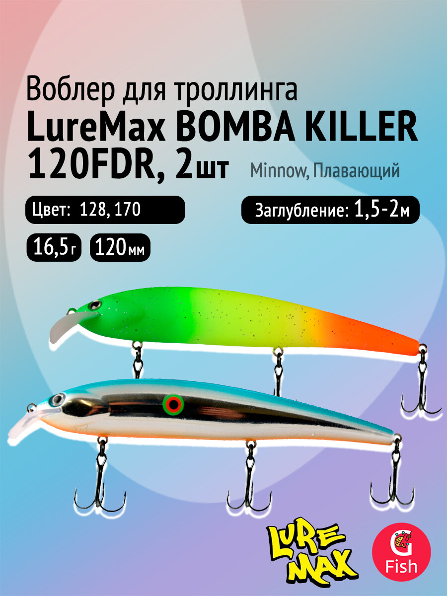 Комплект воблеров для троллинга (судак, щука): 2 штуки LureMax BOMBA KILLER 120FDR 16,5 г Плавающий, цвета 128, 170