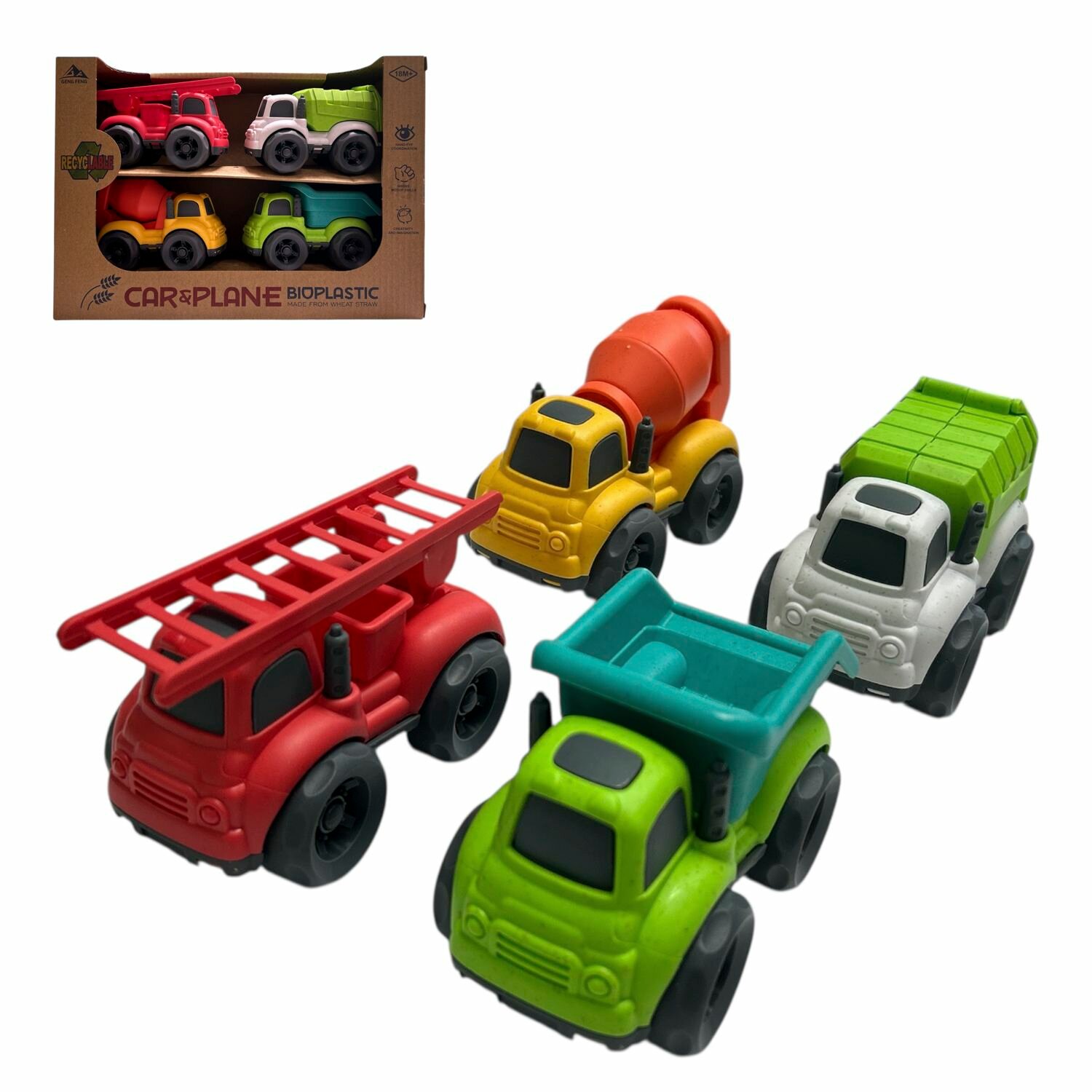Набор из 4 детских машинок - Пожарная машина с автолестницей, мусоровоз, бетономешалка, самосвал, эко-пластик, MX0416353
