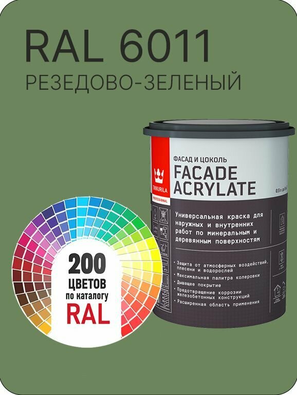 Tikkurila Facade Acrylate краска для фасадов и интерьеров цвет резедово- зеленый Ral 6011 0.9 л.