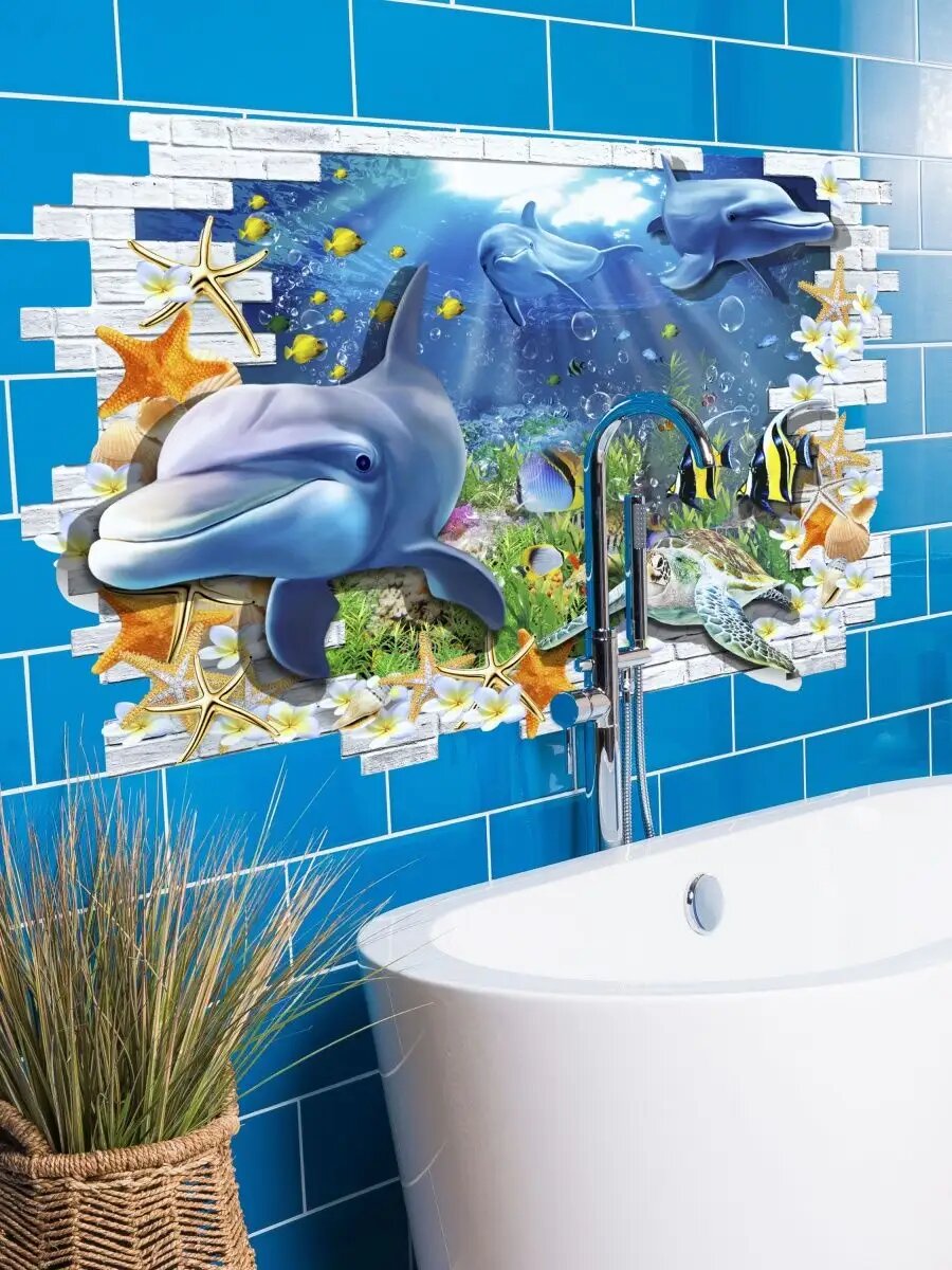 Наклейка в ванную водостойкая на стену большая с дельфином
