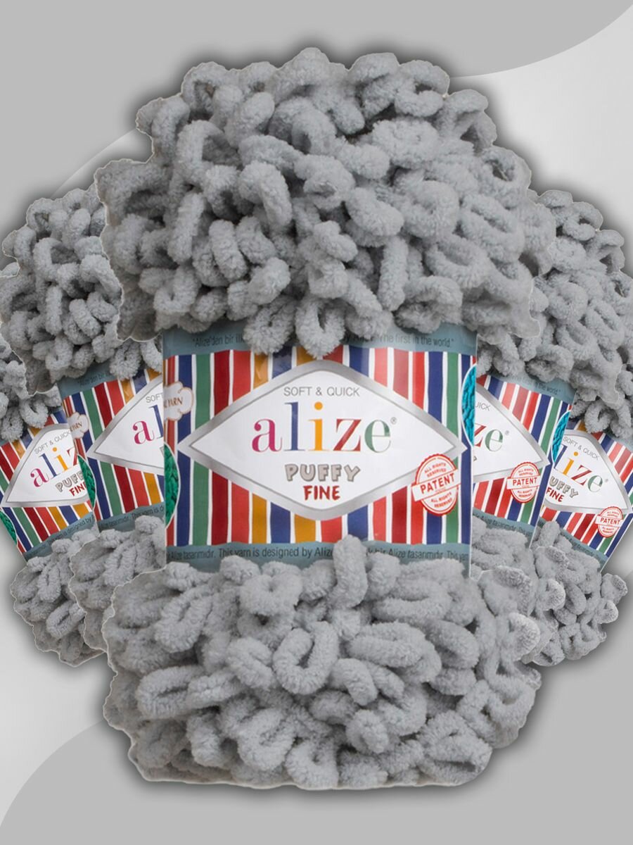 Пряжа для вязания Alize Puffy Fine плюшевая, цвет 343 угольно-серый, 100 г / 14 м, 5 мотков