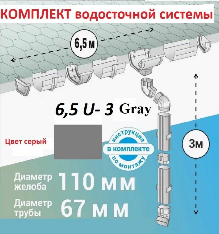 6,5U-3G Комплект водосточной системы ПВХ серый U110/67