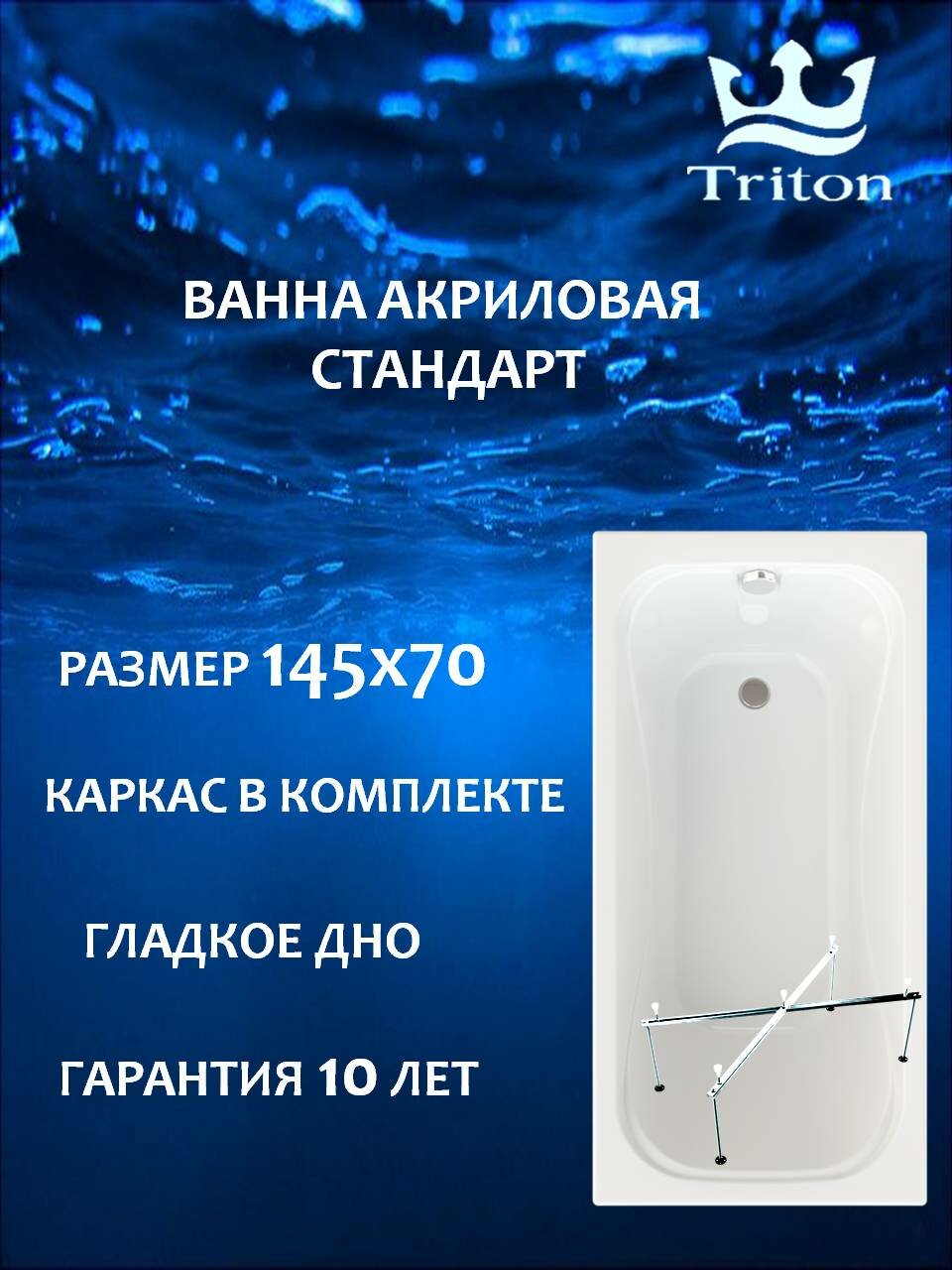 Ванна акриловая Triton Стандарт 145х70 в комплекте с каркасом, прямоугольная, белая