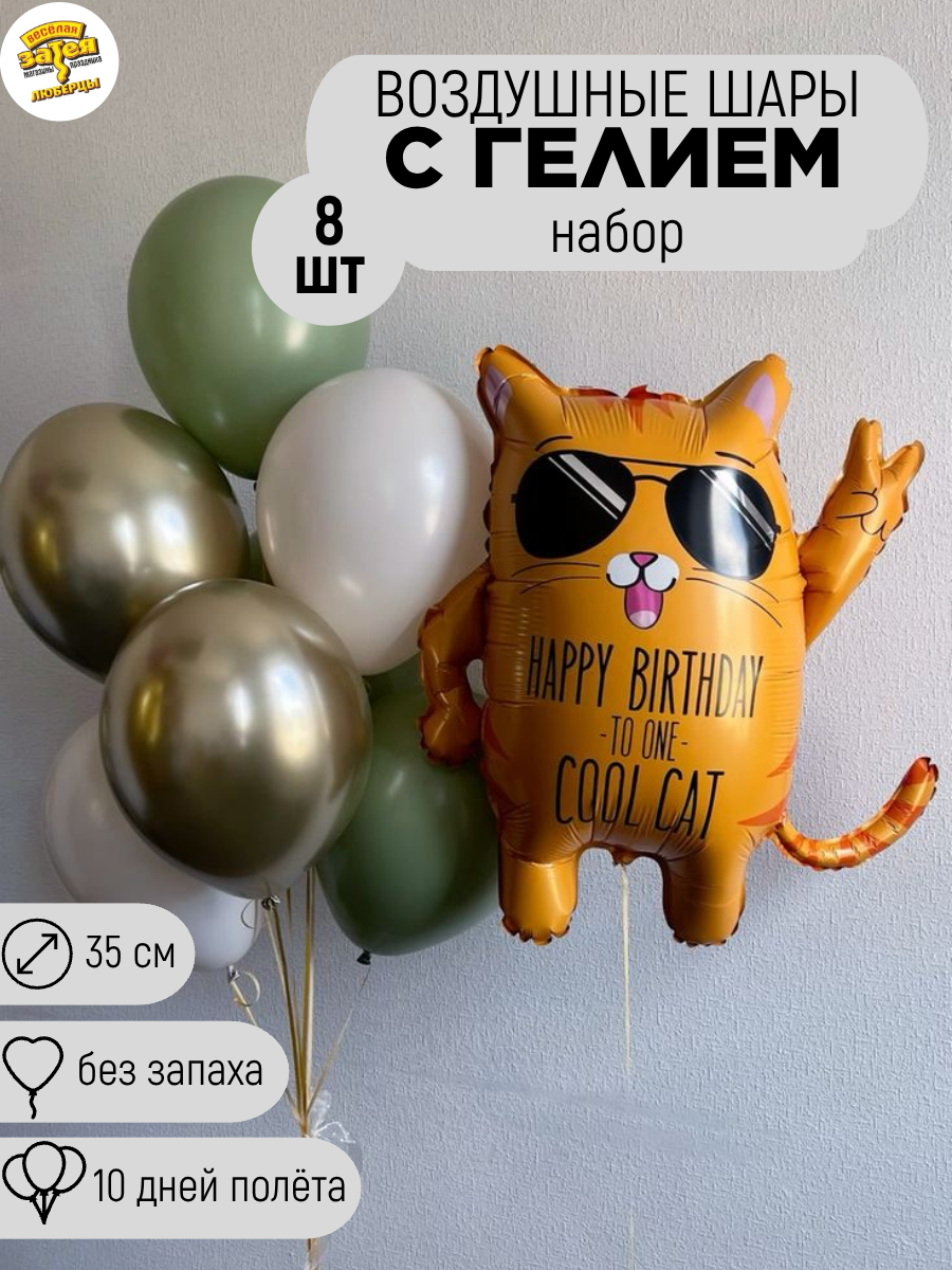 Воздушные шары с гелием 8 штук "Крутой кот": фонтан на грузике из 7 латексных шаров, фигура на грузике