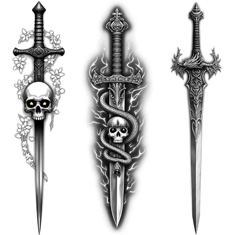 Временные татуировки меч с сердцем 3шт 2A-18X9cm