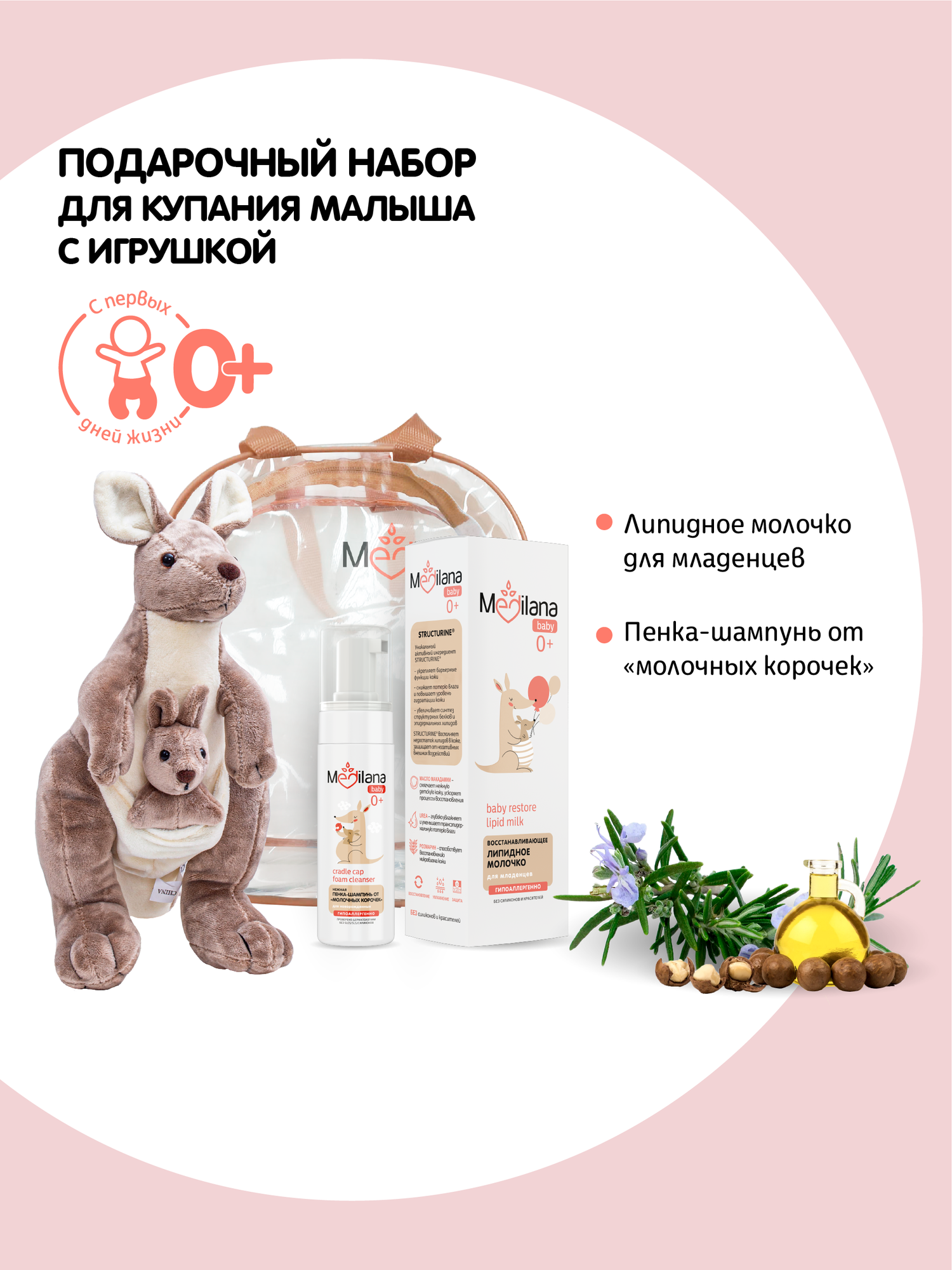 Набор №3 MEDILANA с игрушкой Кенгуру: Восстанавливающее липидное молочко, пенка-шампунь от молочных корочек