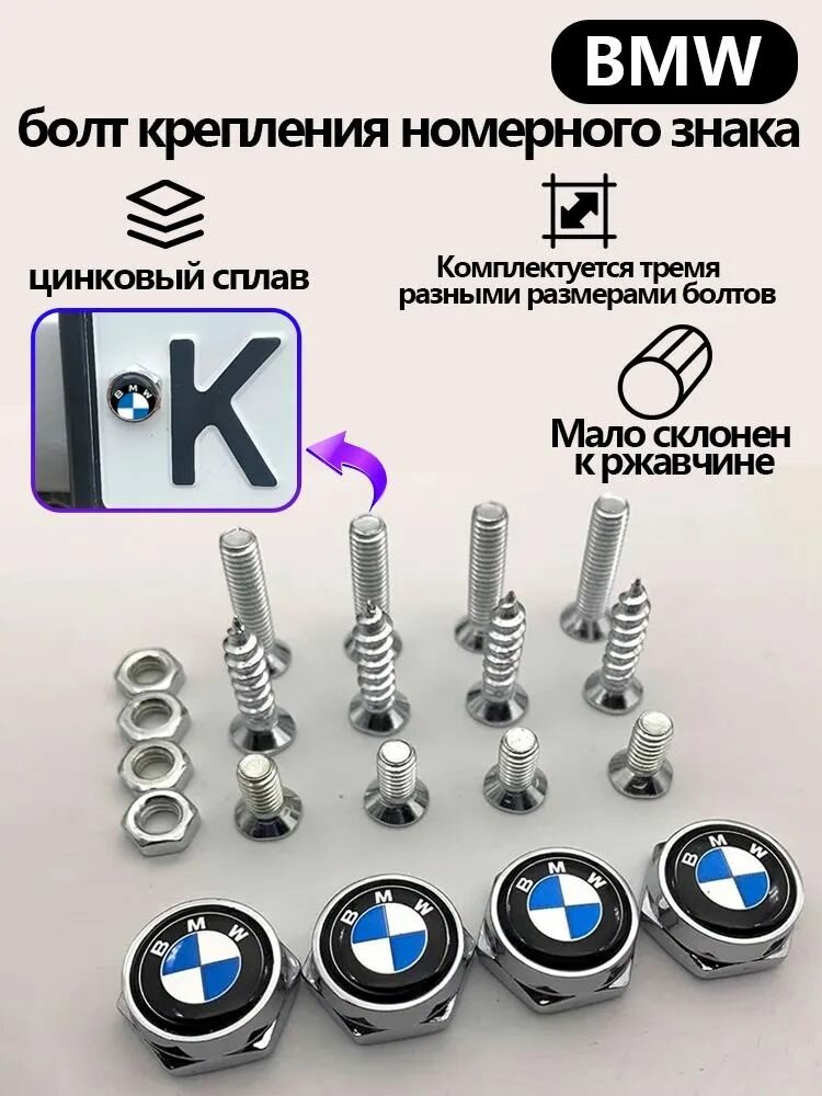 Комплект болтов крепления номерного знака с логотипом BMW. 4 шт.