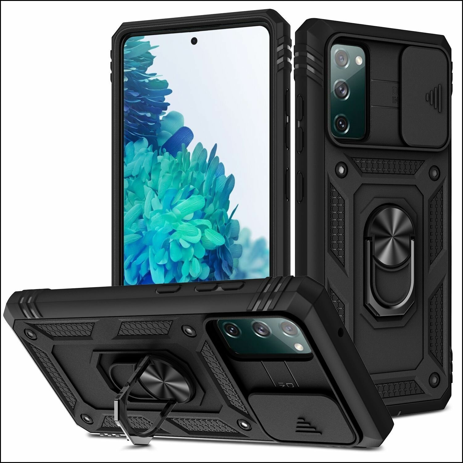 Чехол противоударный для Samsung S20 FE с магнитной пластиной и подставкой-кольцом, чёрный