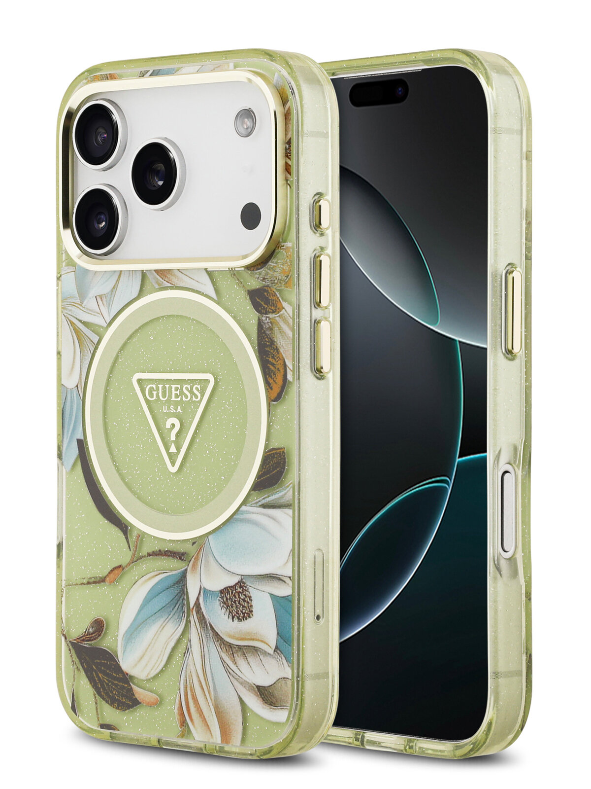 Чехол Guess на iPhone 17 Pro, с магнитами MagSafe, с принтом IML, с напылением из блесток, зеленый