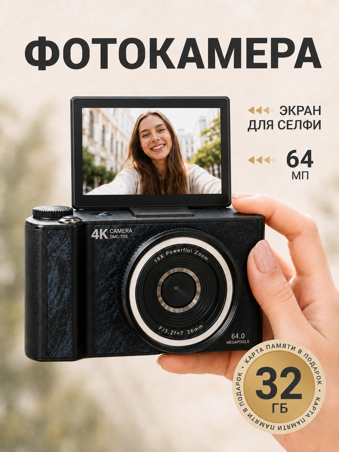 Фотоаппарат мыльница цифровой портативный, 64МП, 4K HD, с откидным дисплеем, черный
