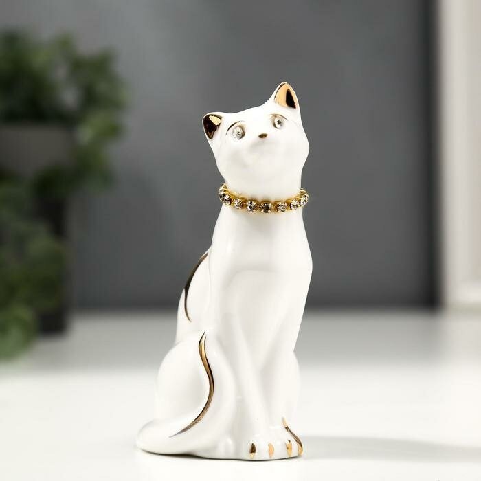 Фигурка керамика «Белая кошечка с ожерельем», с золотом, стразы, 9.5 см