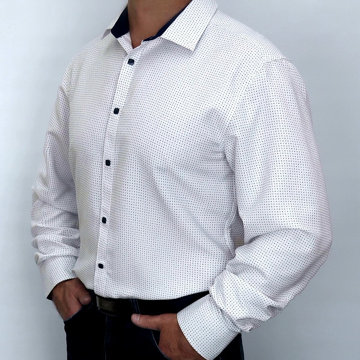 Рубашка Мужская рубашка с длинным рукавом приталенная, светлая сорочка на кнопках, рубаха на любой сезон, белая в мелкий рисунок, без карманов, на любой сезон и на лето рубашка Slim fit с приталенным кроем за