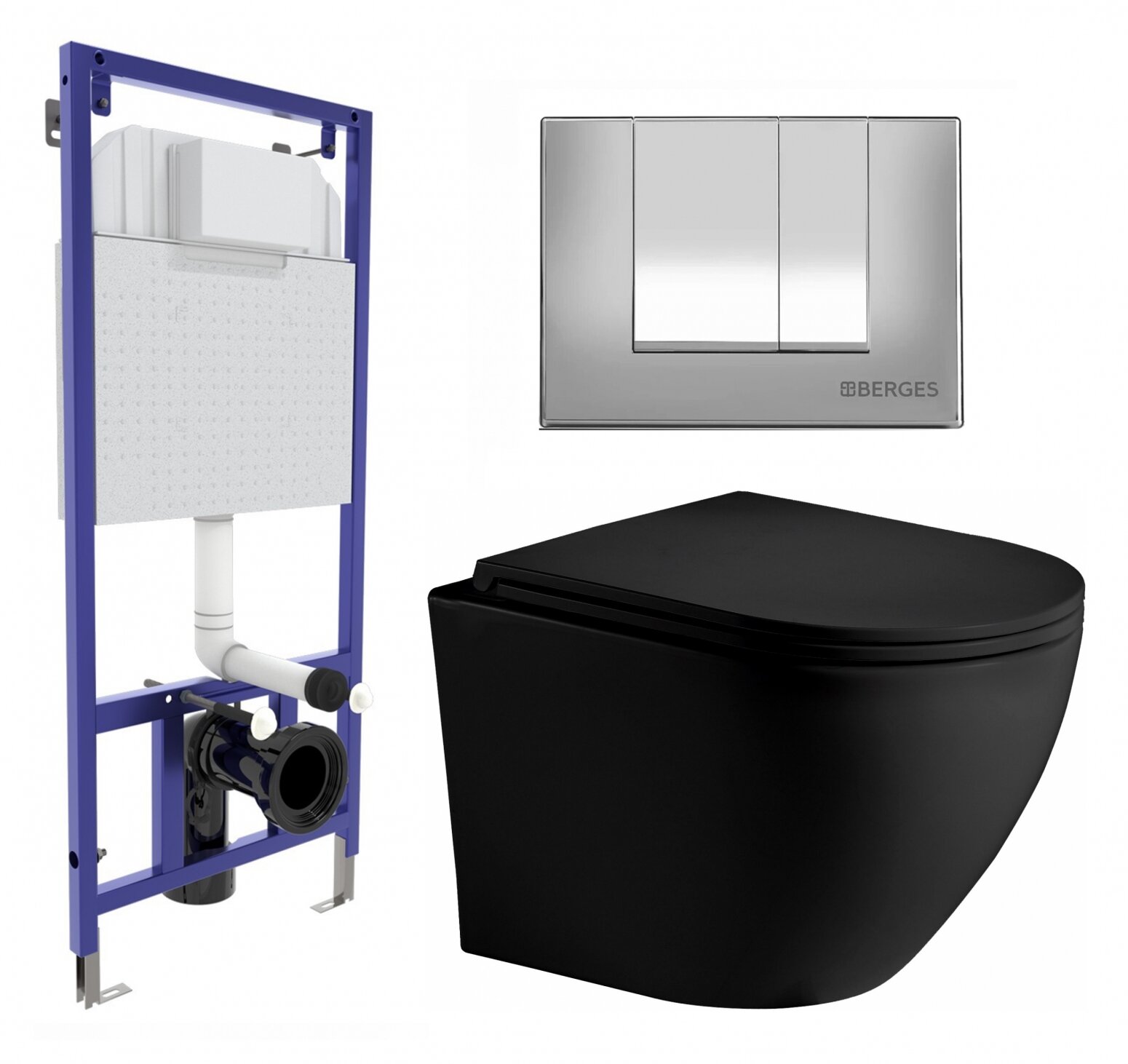 Комплект 3 в 1 инсталляция Berges Wasserhaus Novum 040242 + Унитаз подвесной Weltwasser WW Merzbach 043 MT-BL + кнопка хром матовая
