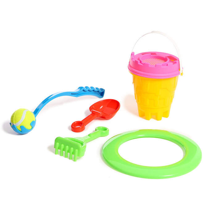 Набор игрушек для песочницы «Пончик», 7 предметов: ведро, сито, совок, грабли, бросатель с мячом, кольцо, микс