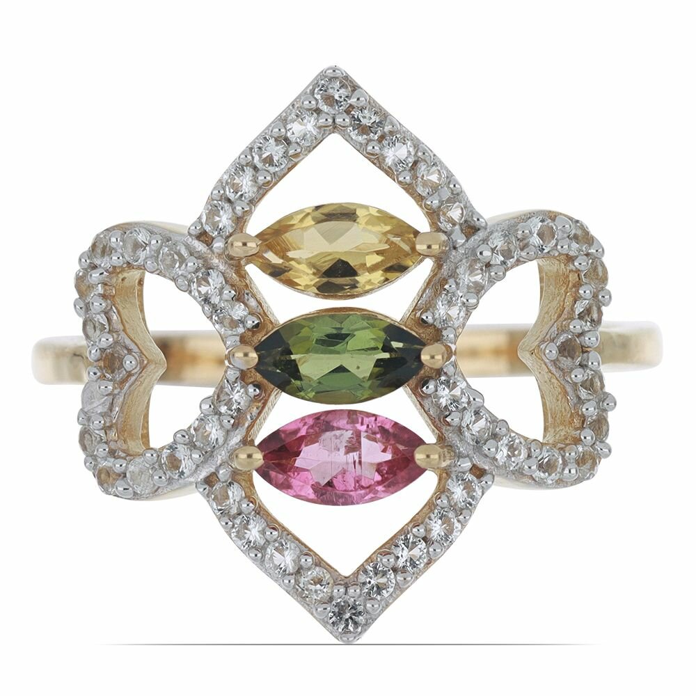 Кольцо тонкое, серебро, 925 проба, золочение, топаз, турмалин