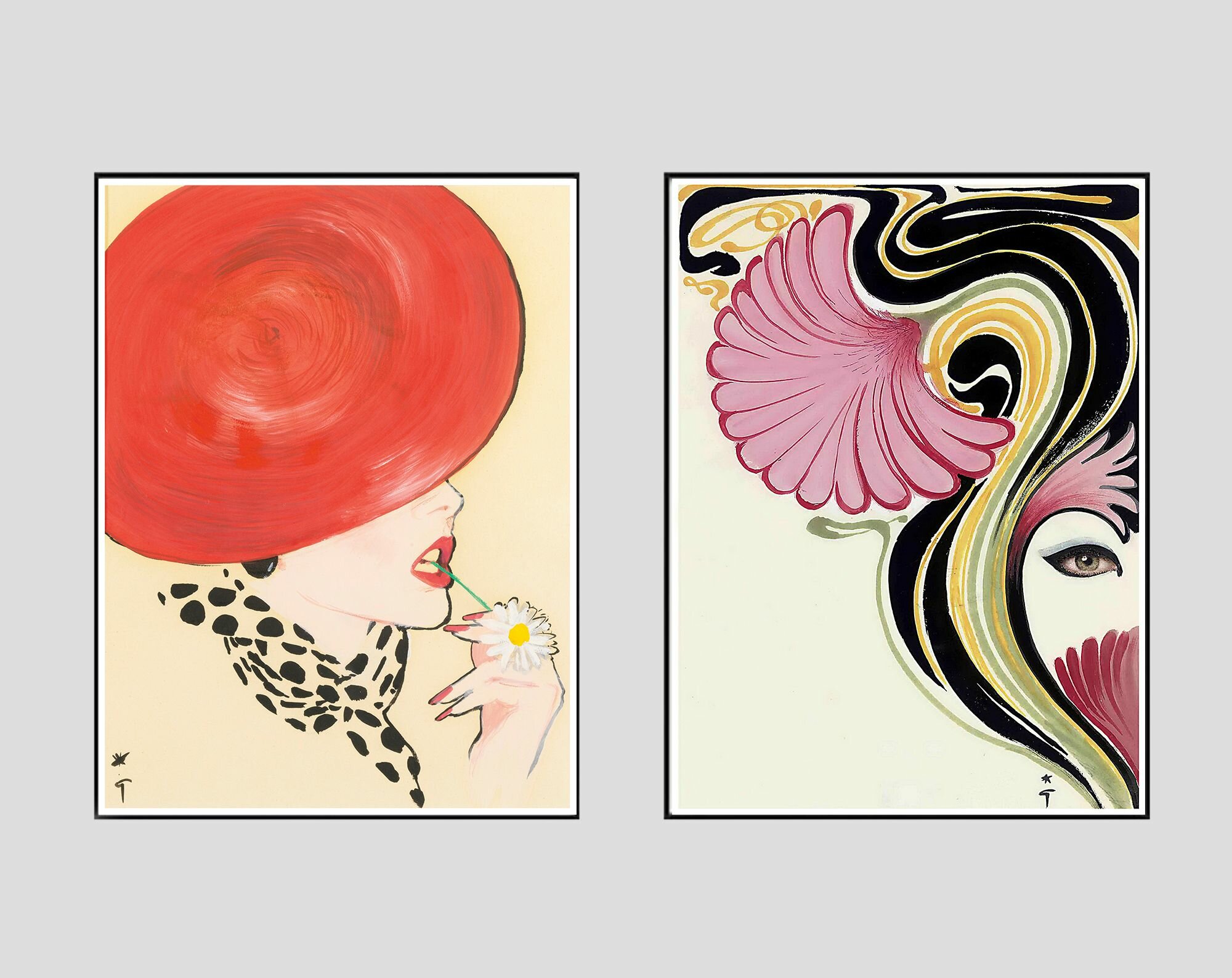 Набор интерьерных постеров - Женский портрет" Рене Грюо 2 шт А2 без рамы. 2 винтажных плаката в стиле арт-деко ретро мода Вог и Харпер Базар