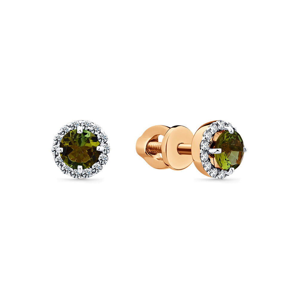 Серьги, красное золото, 585 проба, турмалин, бриллиант