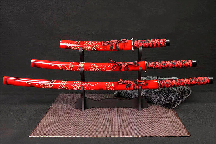 Сувенирное изделие катаны 3в1 на подставке, ножны бамбук, красный дракон, 47/70/89см