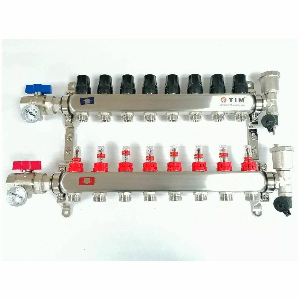 Коллекторная группа 1" - 8вых. "Квадрат" (с расходомерами, дренаж. краном и воздухоотвод) нерж. корпус, TIM