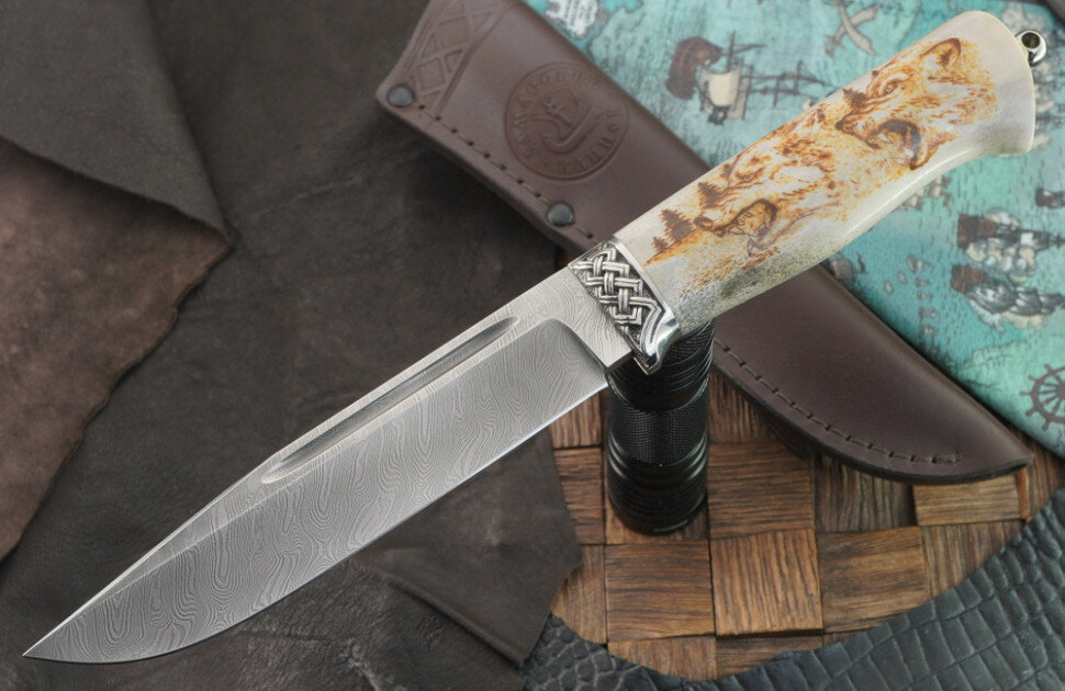 Дамасский Клинок нож Волк А, клинок дамаск, рукоять рог