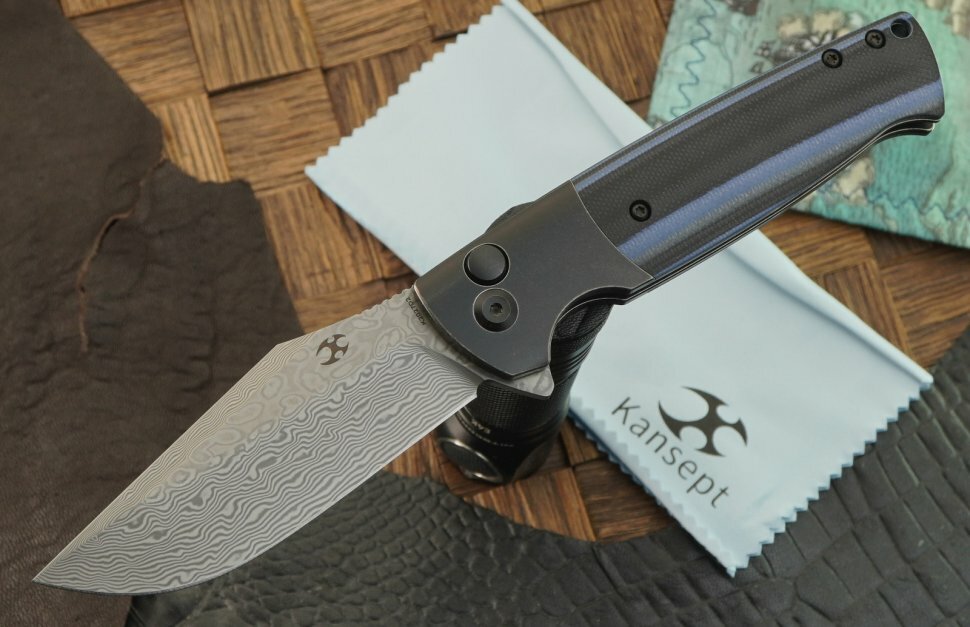 Складной нож Kansept Knives Shikari SBL, клинок дамаск, рукоять титан/черно-синий G-10
