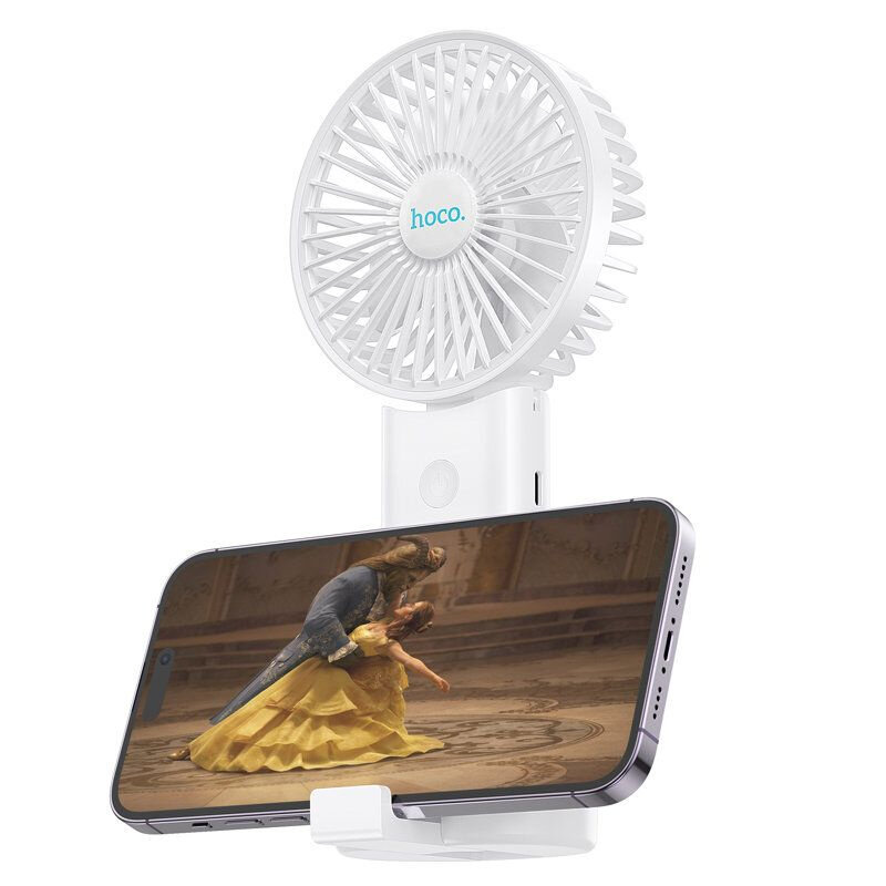 Вентилятор ручной портативный Hoco F15 2000mAh, с подставкой для телефона, Белый