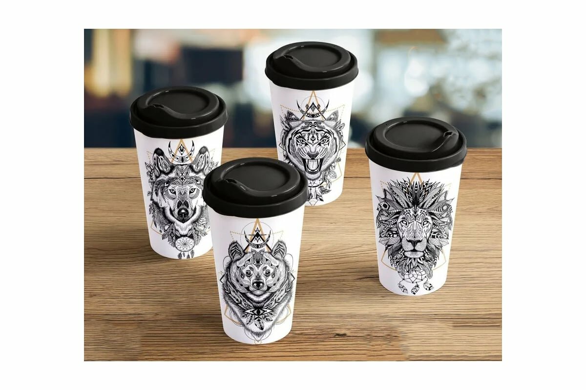 Idiland Комплект стаканов "IZI-GO" с крышкой 550мл х 4 шт с декором (черный) 241114630/01