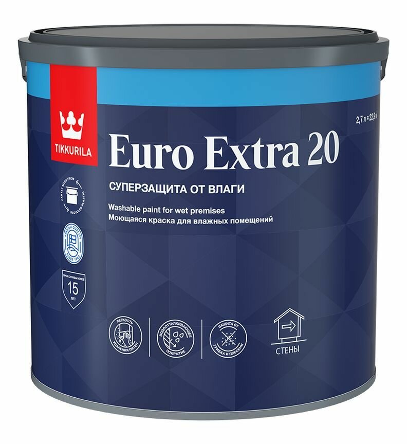 Краска для влажных помещений EURO EXTRA 20 база C полуматовая 2.7л Tikkurila 145469