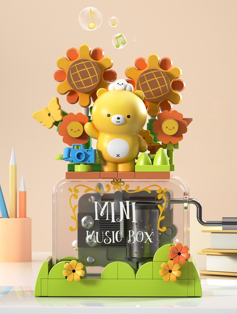 Конструктор 3Д JAKI Музыкальный Мишка с Цветами, подвижные детали, заводной музыкальный механизм, 96 деталей - JK6202