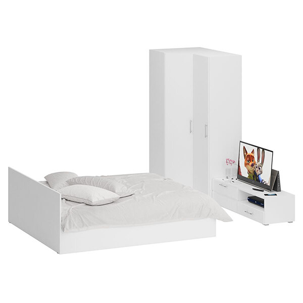 Спальня Стандарт 4-1800, цвет белый/фасады ТВ тумбы МДФ белый глянец, сп. м. 1800х2000 мм, без матраса, основание есть