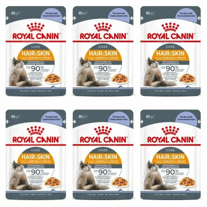 Royal Canin Влажный корм для взрослых кошек Hair&Skin Care в целях поддержания здоровья кожи и шерсти, кусочки в соусе, 85г, 6шт