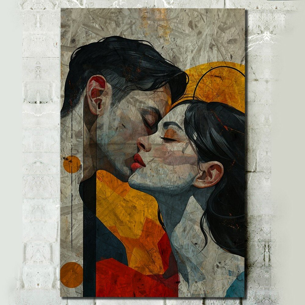 Картина интерьерная на рельефной доске влюблённая пара (парень и девушка, абстракция) - 15718 В