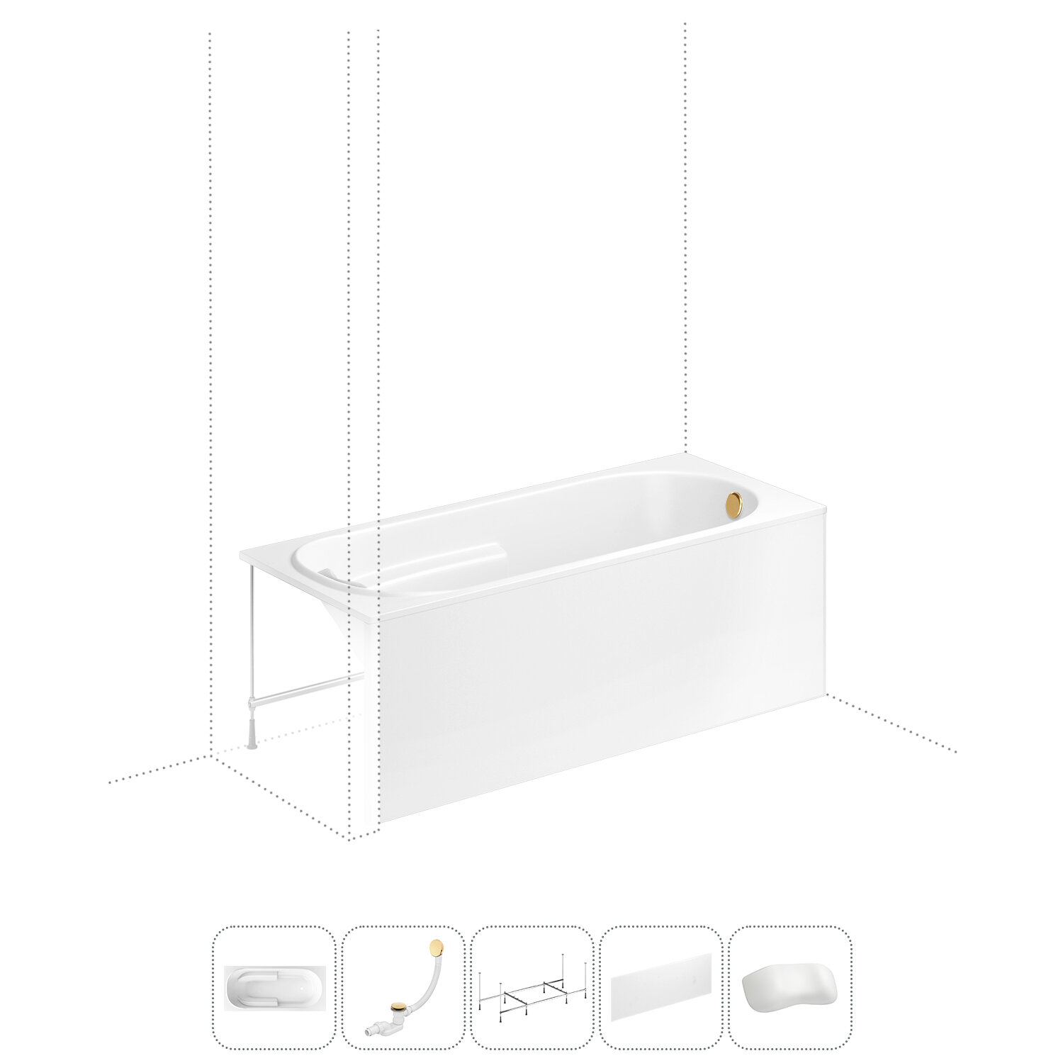 Акриловая ванна 150x75 с каркасом и экраном Lavinia Boho Bristol 202011745 в наборе 5 в 1: прямоугольная ванна 150 x 75 см, слив-перелив, каркас, экран, подголовник