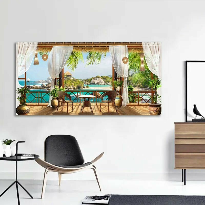 Картина Красивая природа, Летняя веранда с видом на море, 40х80 см.