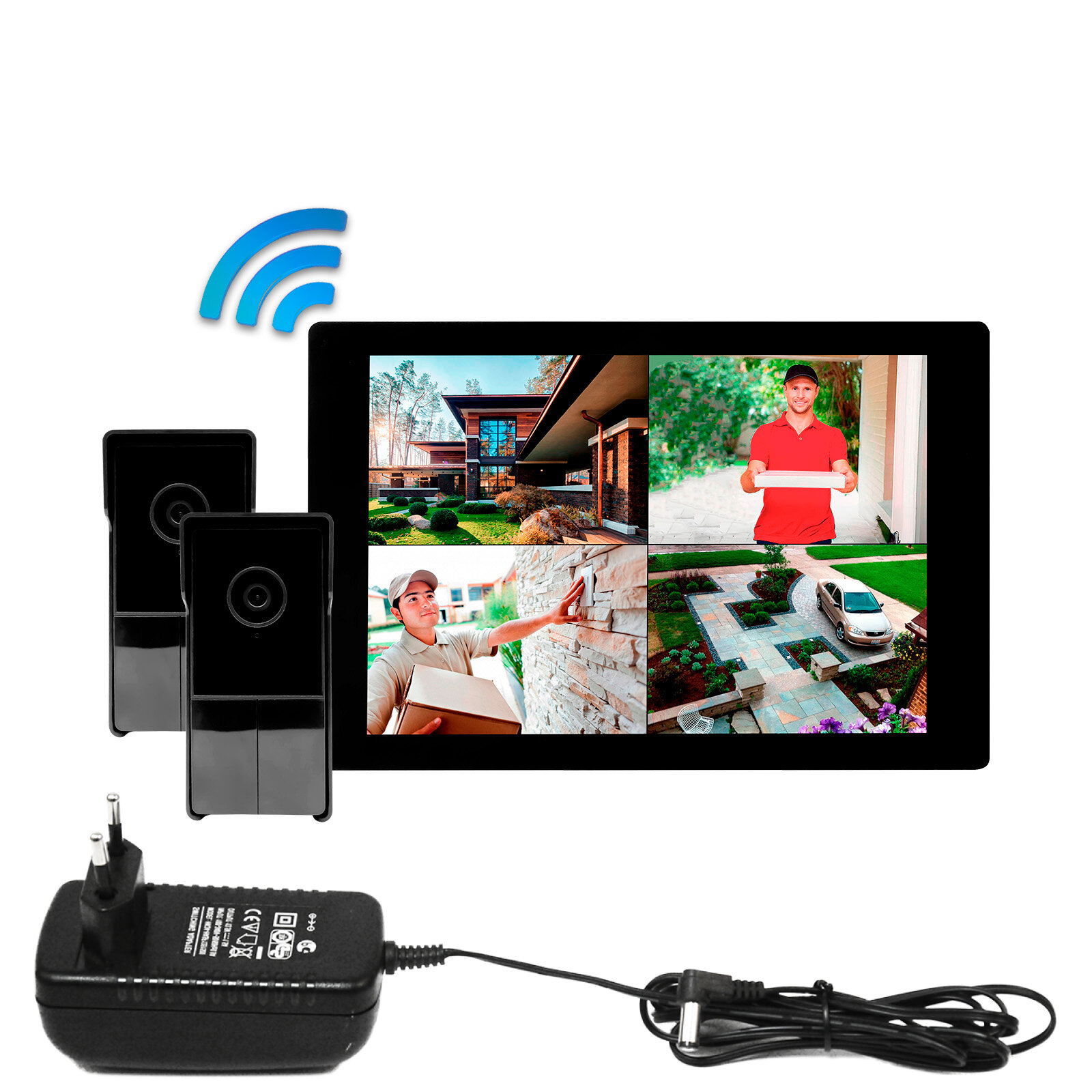 Комплект: радиоканальный видеодомофон - СкайНет 1000 (2+0)-LCD (C72655OK): HD Wi-Fi монитор 10 дюймов и 2 вызывные Wi-Fi панели с камерой 3mp и ИК