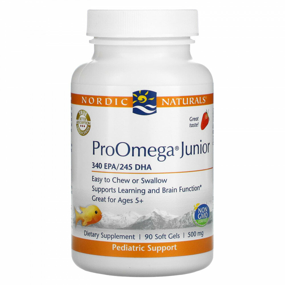 Nordic Naturals, ProOmega® Junior, для детей от 5 лет, клубника, 90 капсул (340 мг в 1 капсуле)