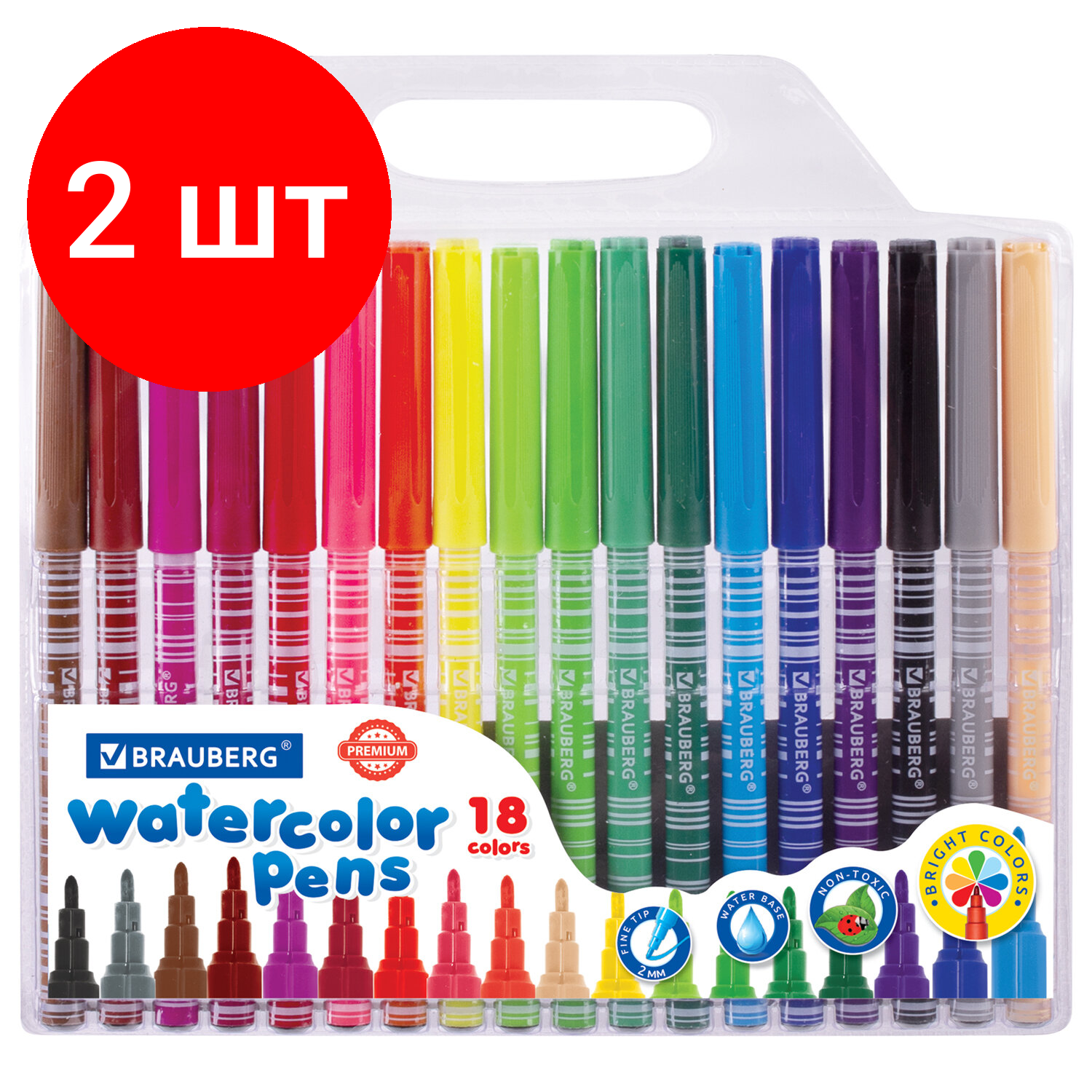 Комплект 2 шт, Фломастеры BRAUBERG "PREMIUM", 18 цветов, корпус С печатью, вентилируемый колпачок, ПВХ-упаковка с европодвесом, 151943