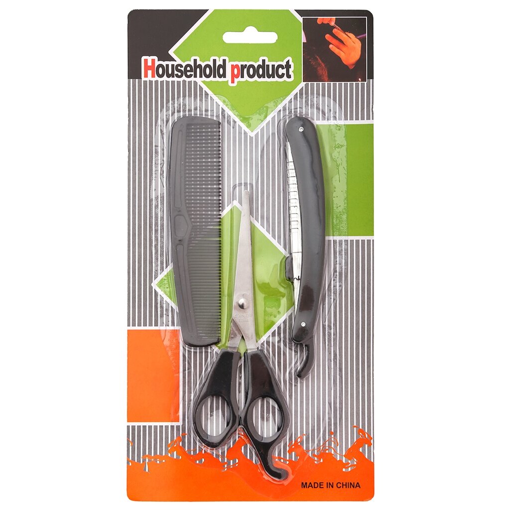 Набор парикмахера Домашняя Мода "Домашняя парикмахерская" 3 предмета: ножницы филировочные 14,5х5х0,6 см; бритва филировочная 20,9х1,5х1 см; расческа (893)