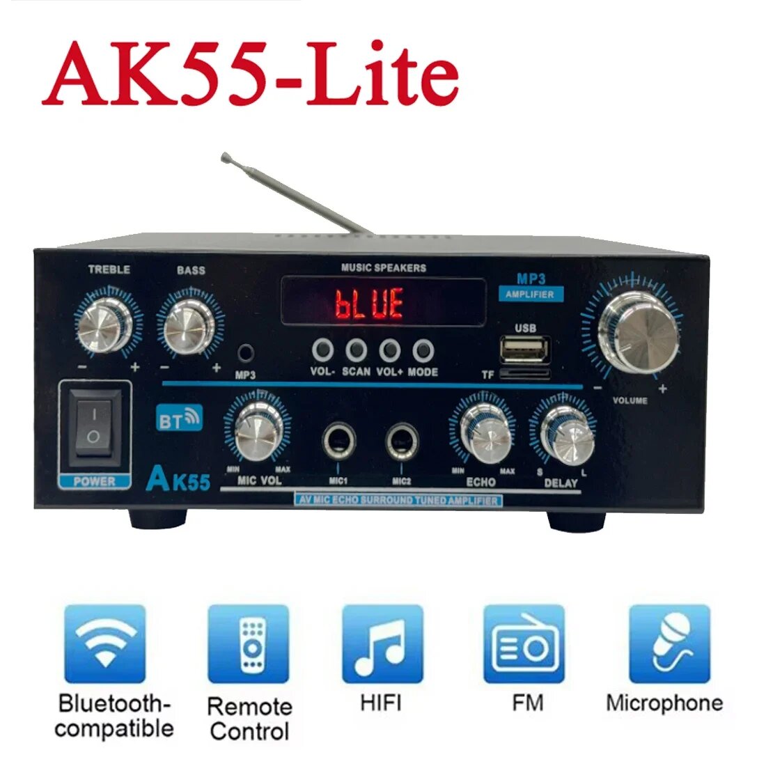 AK55-Lite Усилитель звука Максимальная мощность 90 Втx2 канала 2.0Hifi Bluetooth 5.0 с FM USB цифровой усилитель мощности для домашнего автомобиля караоке