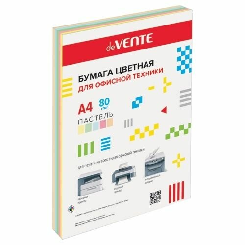 Бумага для ксерокса deVENTE цветная А4, 250 листов 80 г/м2, пастель 5 цветов (2072413)